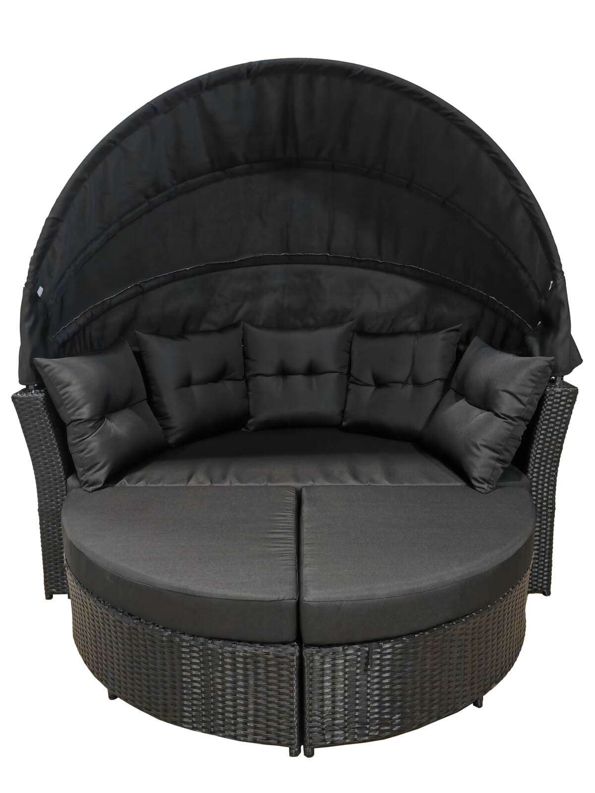 Black Rattan Sun Bed with Adjustable Canopy and Weather Cover