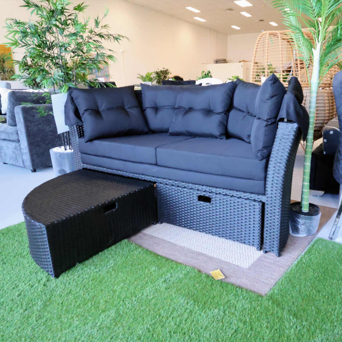 Black Rattan Sun Bed with Adjustable Canopy & Weather Cover