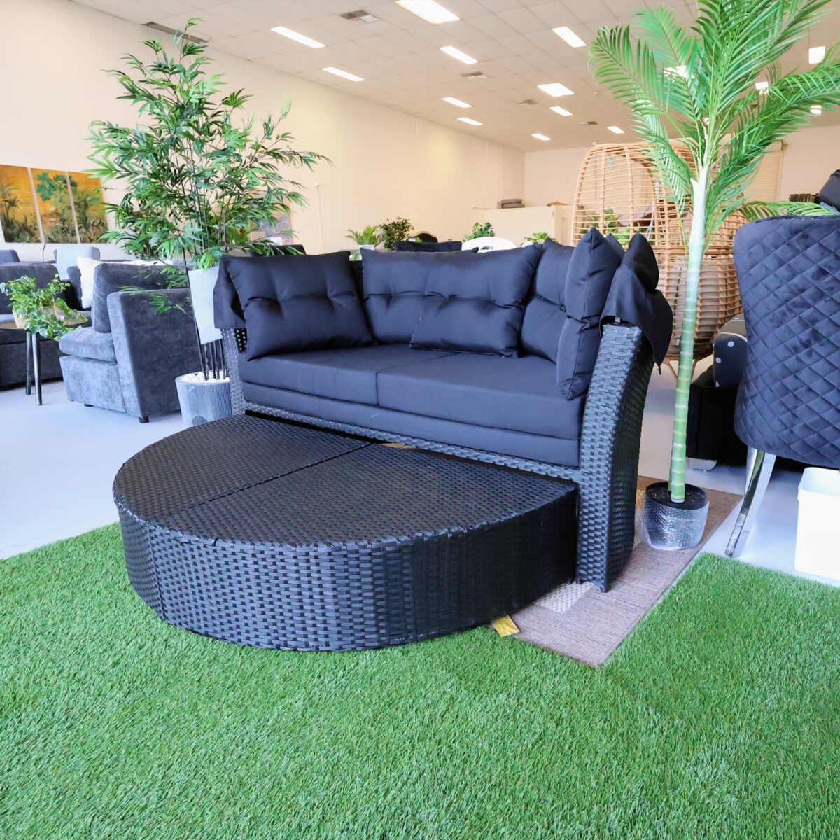 Black Rattan Sun Bed with Adjustable Canopy & Weather Cover