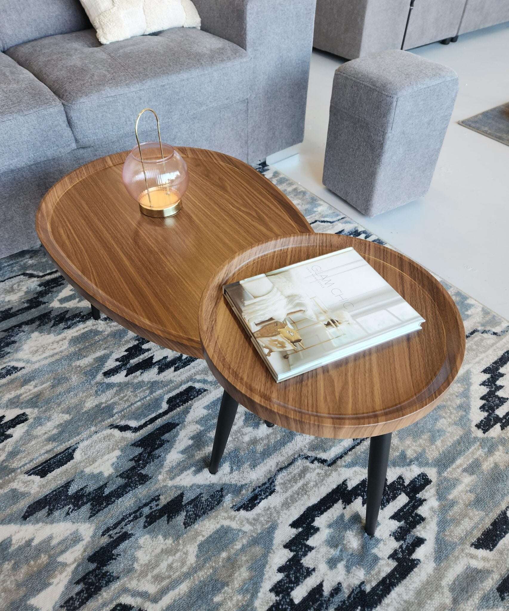 2-Piece Retro Farmhouse Coffee Table | Walnut Oval Design